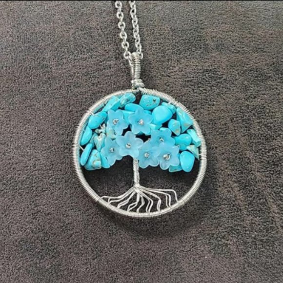 Jewelry | Silver Cherry Blossom Turquoise Tree Of Life Necklace | Poshmark